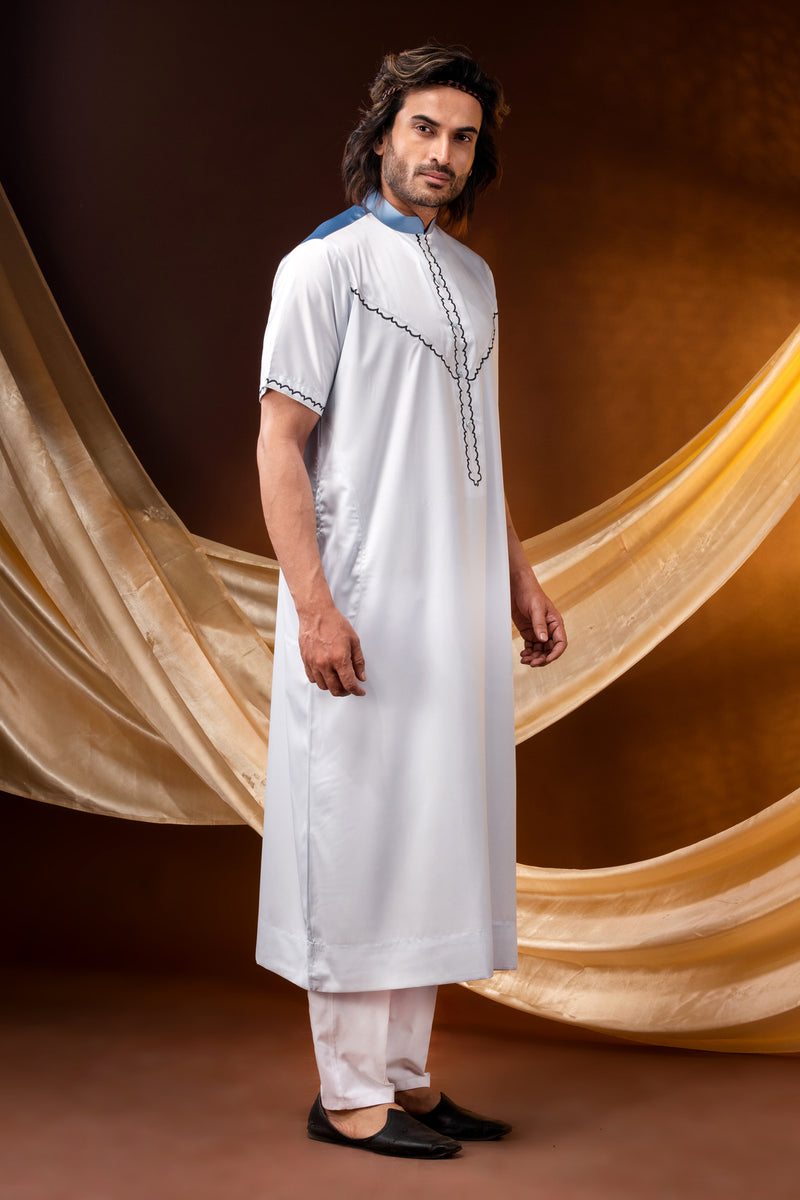 HAMSAFAR KURTA Thobe White with Embroidered Collar – Hamsafar Emporium